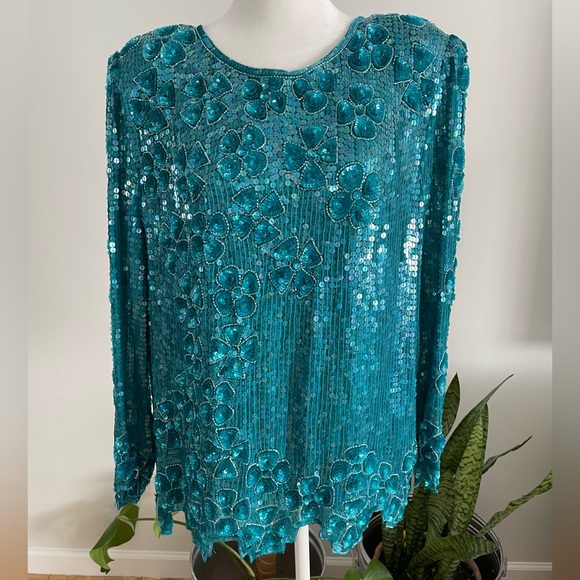 Tops | Vintage 8s Scala Sequin Top With Flower Print | Poshmark